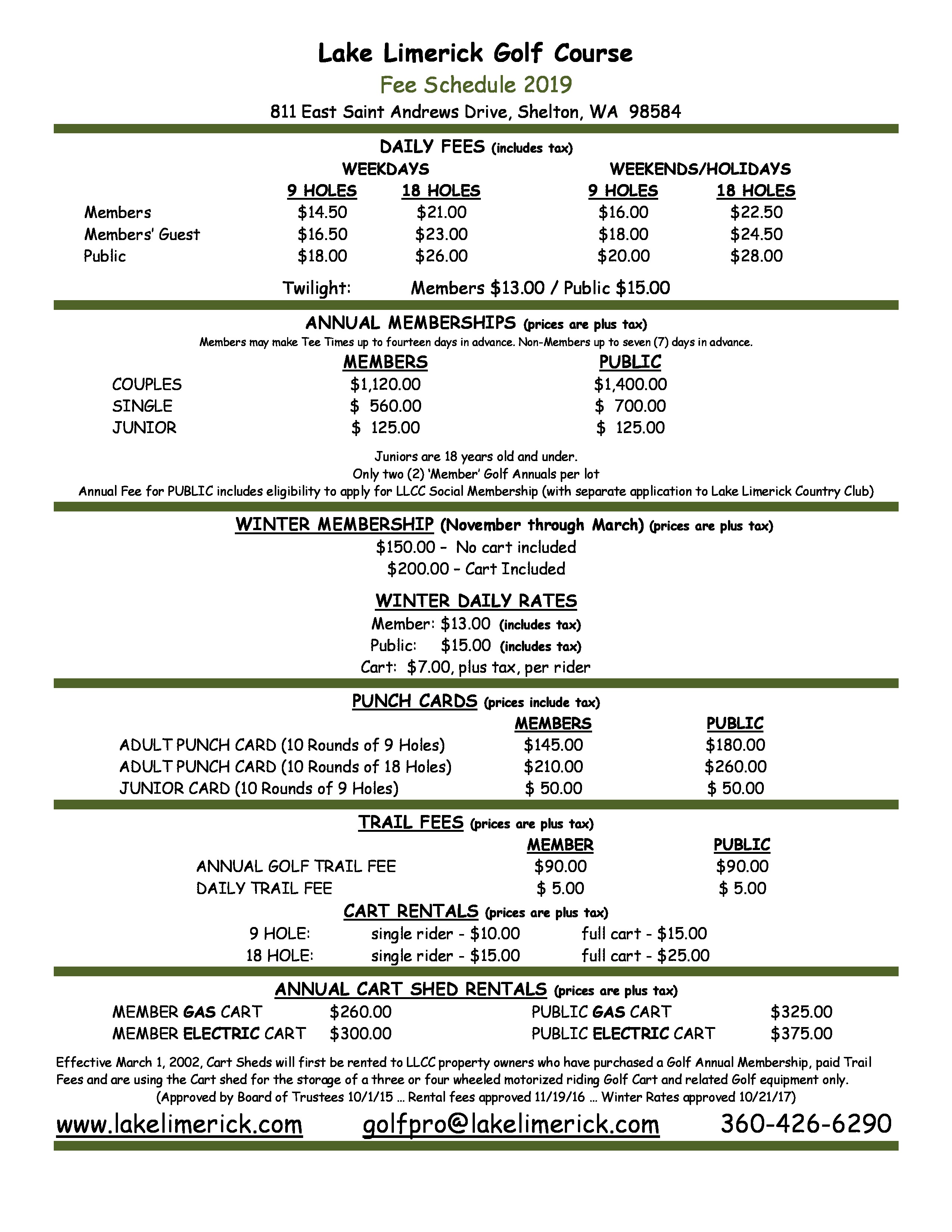 Rates - Lake Limerick Golf Club